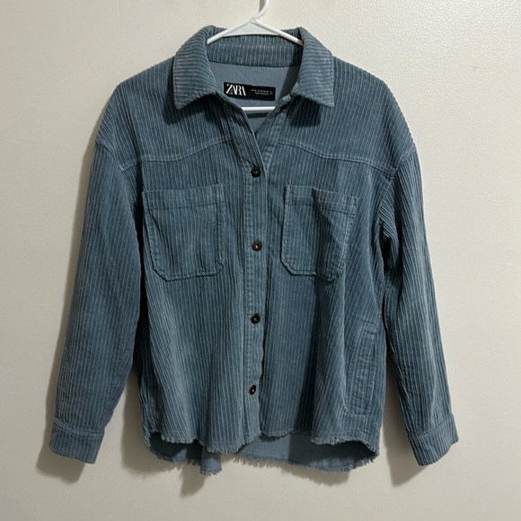 Zara | Tops | Zara Blue Ribbed Corduroy Button Down Top Shacket Raw Hem ...